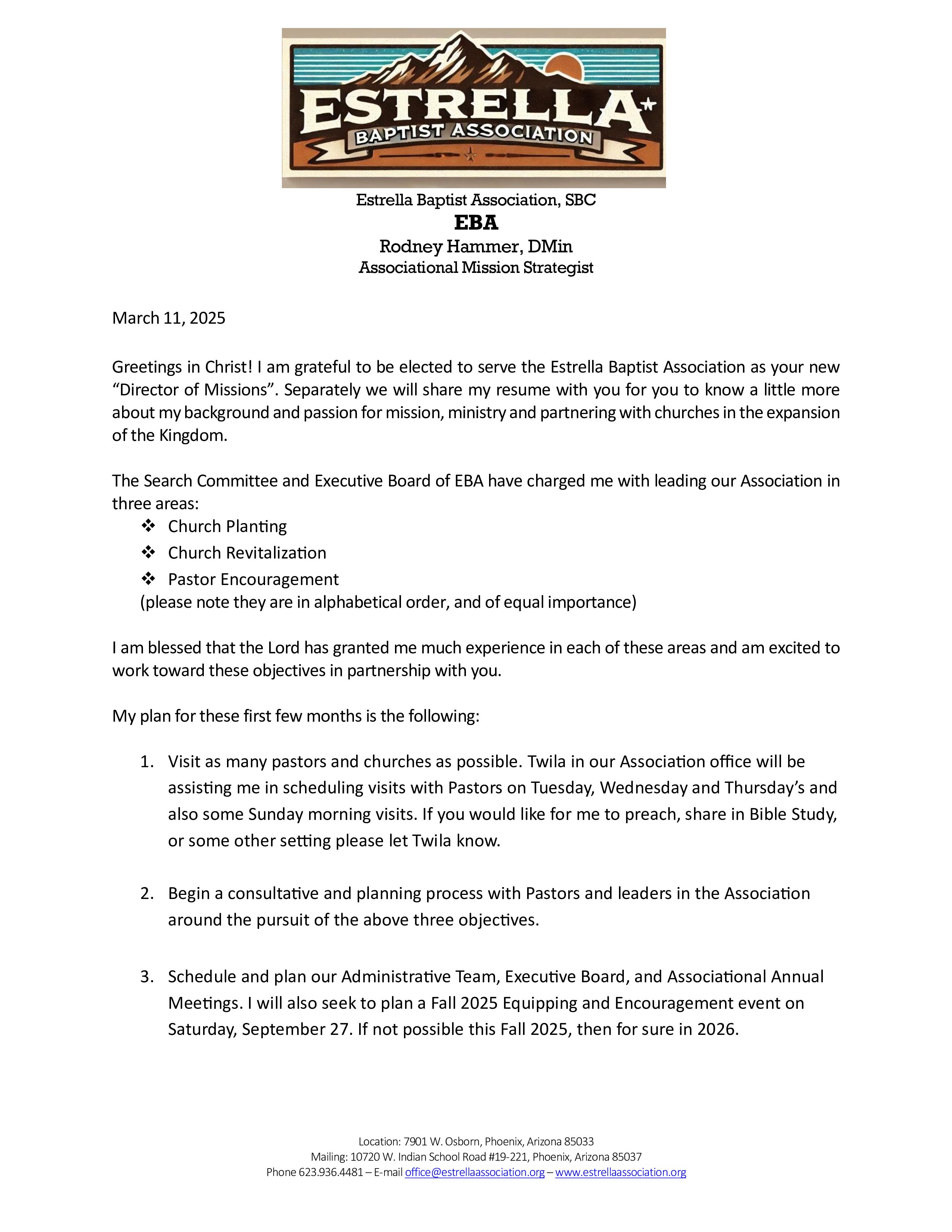 Introduction Letter from Dr. Rodney Hammer | Estrella Baptist Association